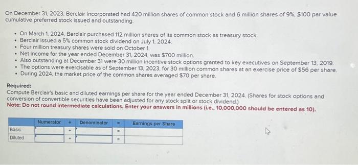 Solved On December 31,2023 , Berclair incorporated had 420 | Chegg.com