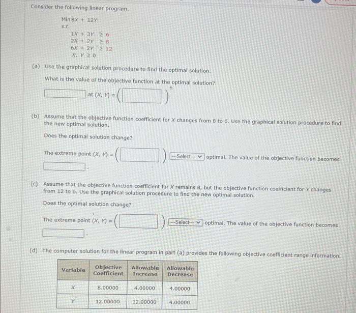 Solved Consider the following linear program. Min 8X+12Y | Chegg.com