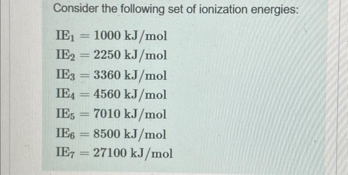 Solved Consider the following set of ionization energies: | Chegg.com