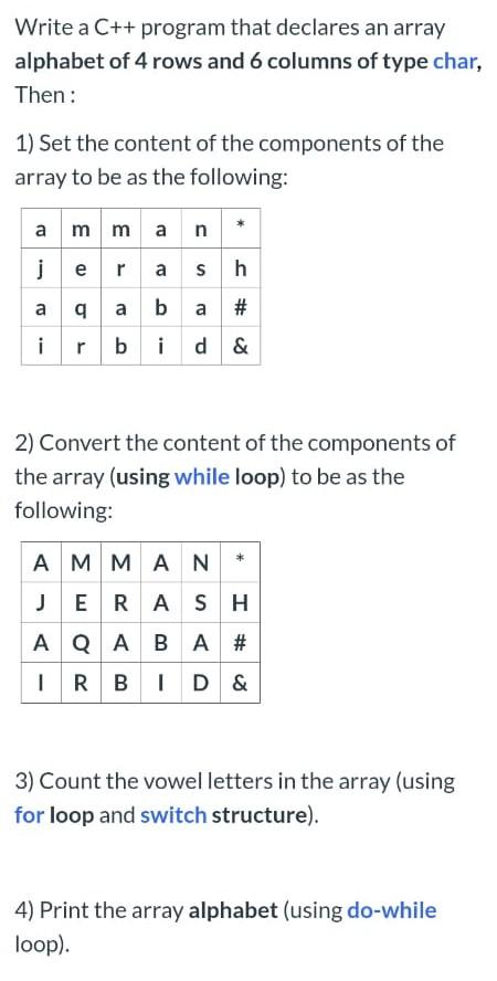 Solved Write a C++ program that declares an array alphabet | Chegg.com
