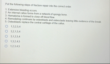 Solved Put the following steps of fracture repair into the | Chegg.com