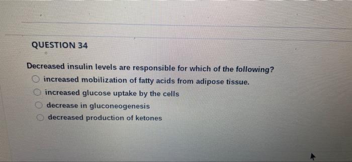 Solved QUESTION 34 Decreased insulin levels are responsible | Chegg.com