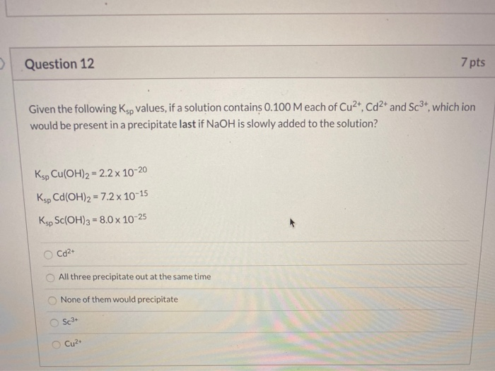 Solved Question 12 7 pts Given the following Ksp values, if | Chegg.com