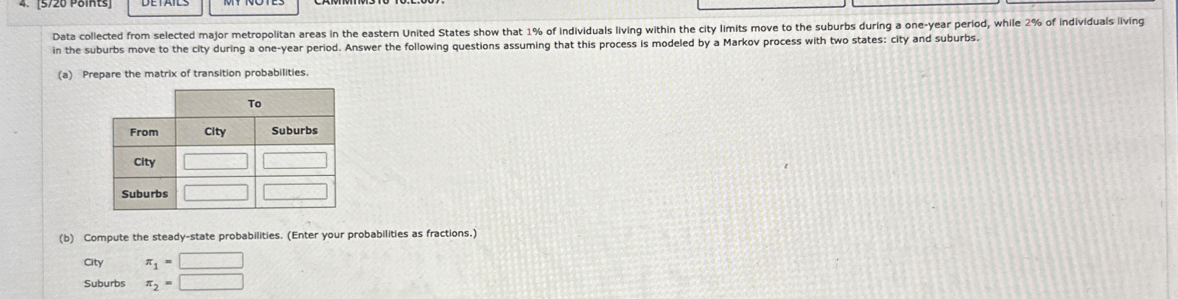 Solved [5/20 ﻿Points] ﻿in the suburbs move to the city | Chegg.com