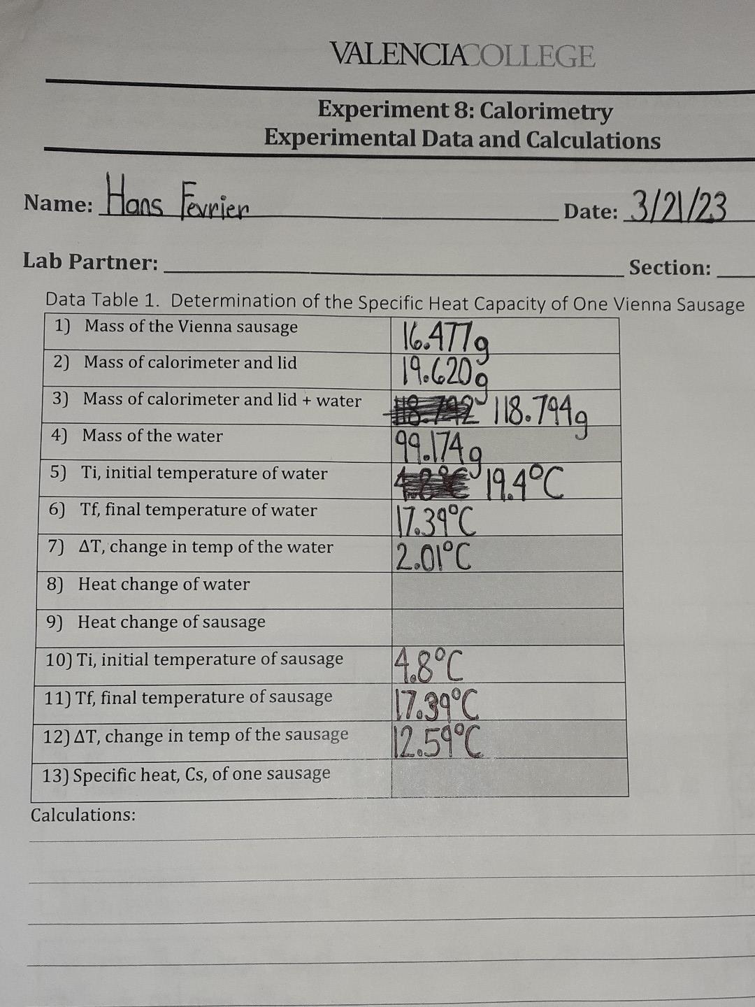 Solved VALENCIACOLLEGE Experiment 8: Calorimetry | Chegg.com