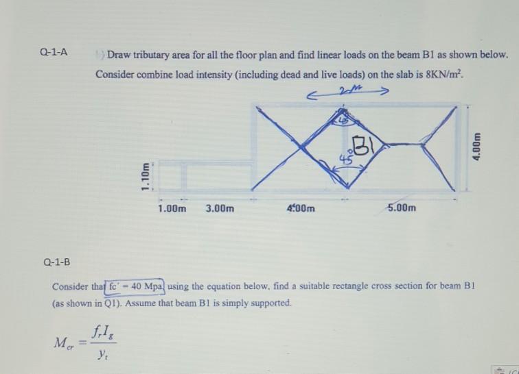 Solved 0-1-A Draw tributary area for all the floor plan and | Chegg.com