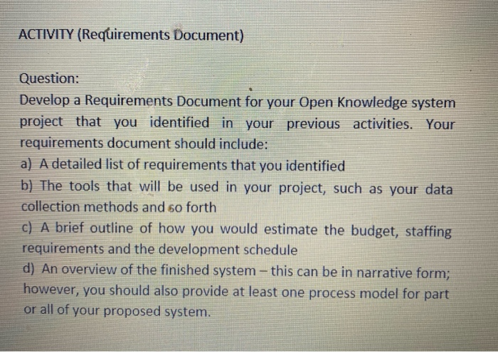 ACTIVITY (Requirements Document) Question: Develop a | Chegg.com