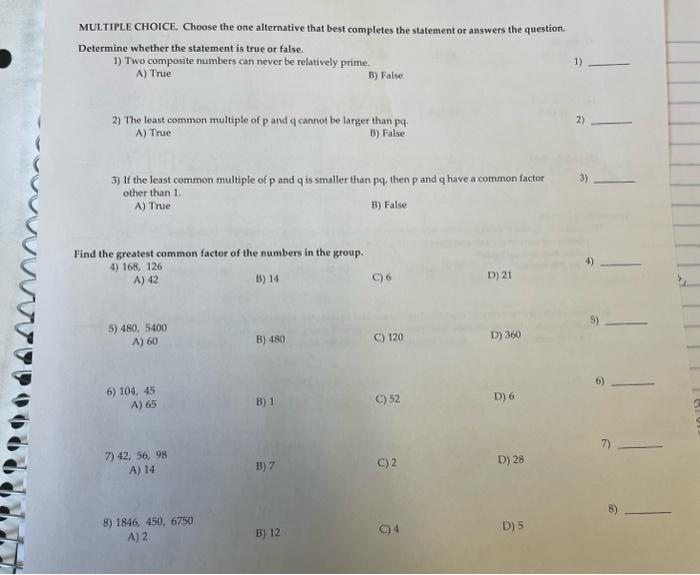 Solved MULTIPLE CHOICE. Choose the one alternative that best | Chegg.com