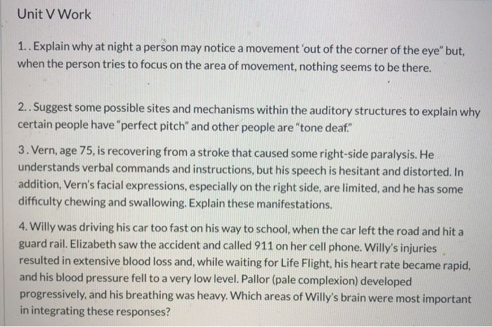 Solved Unit V Work 1.. Explain why at night a person may | Chegg.com