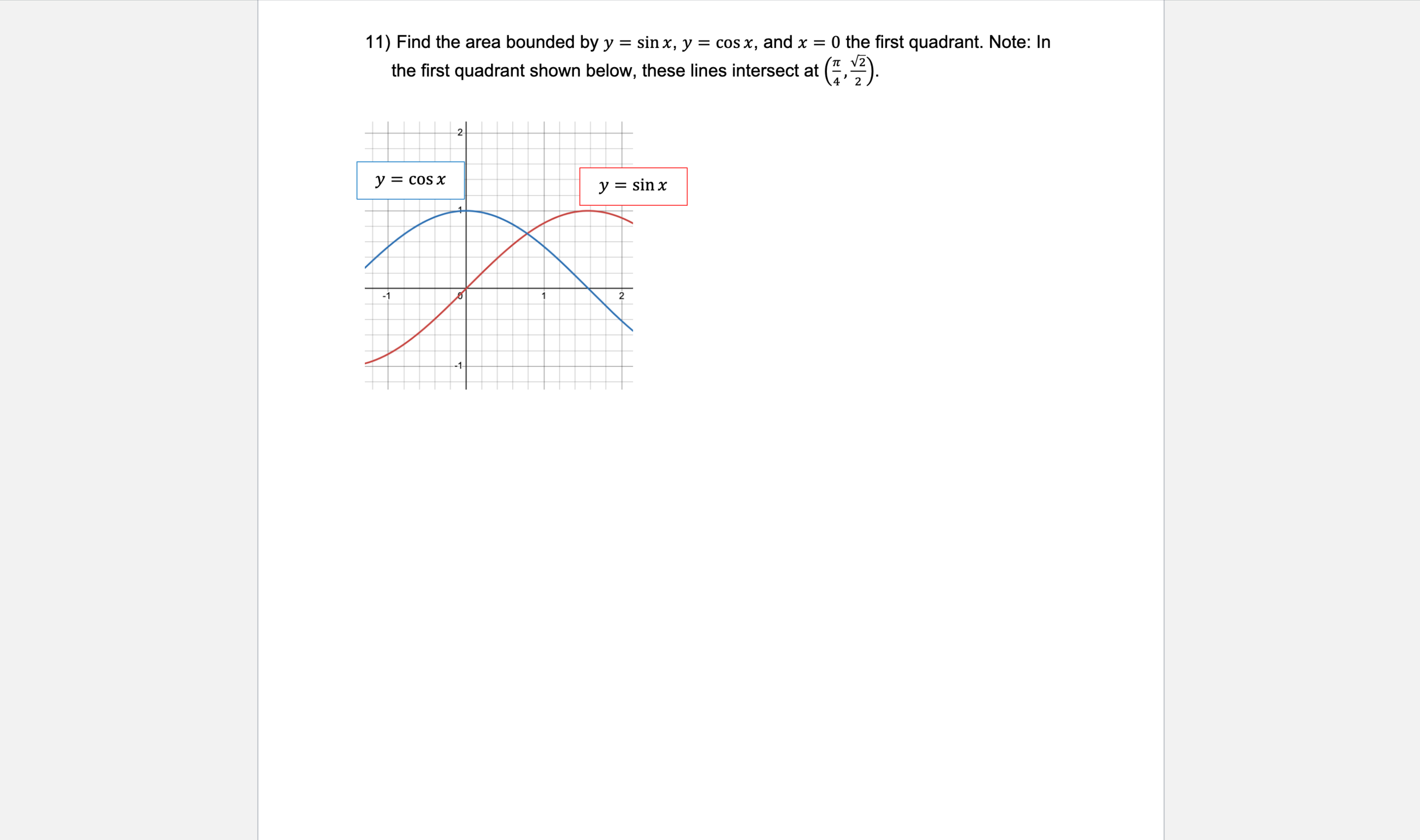 Solved Find the area bounded by y=sinx,y=cosx, ﻿and x=0 ﻿the | Chegg.com