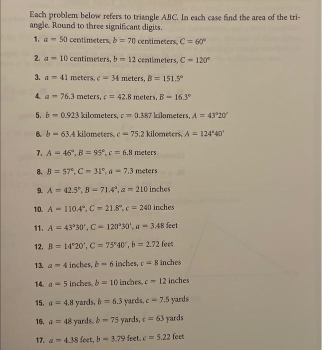 Solved Each problem below refers to triangle ABC. In each | Chegg.com