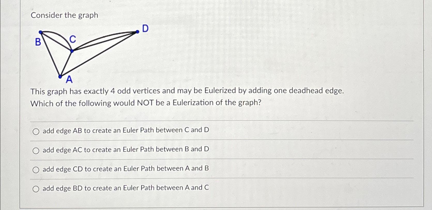 Solved Consider the graphThis graph has exactly 4 ﻿odd | Chegg.com