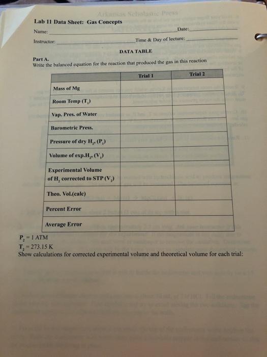 Solved Lab 11 Data Sheet: Gas Concepts Date: Name: | Chegg.com