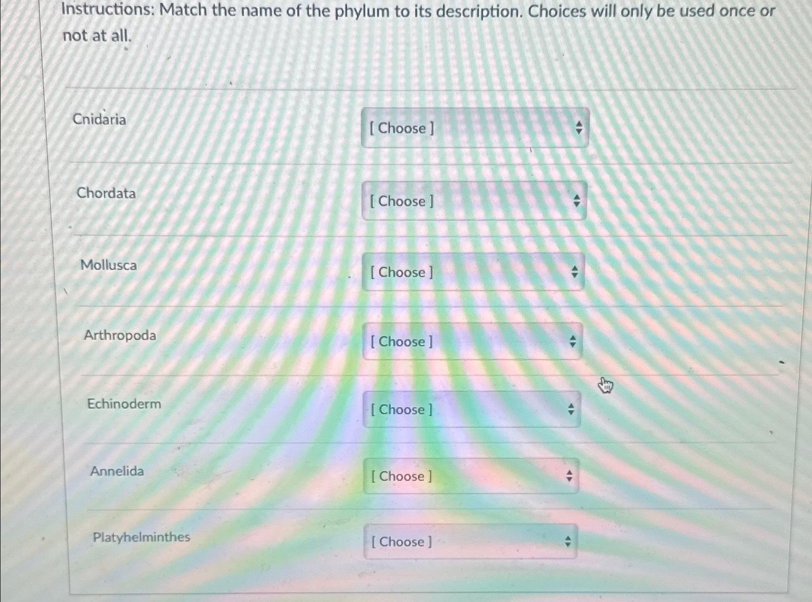Solved Instructions: Match the name of the phylum to its | Chegg.com