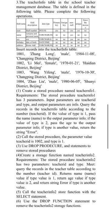 Solved 3.The teacherInfo table in the school teacher | Chegg.com