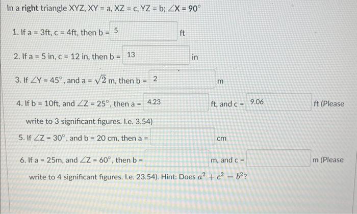 Solved In a right triangle XYZ,XY=a,XZ=c,YZ=b;∠X=90∘ 1. If | Chegg.com