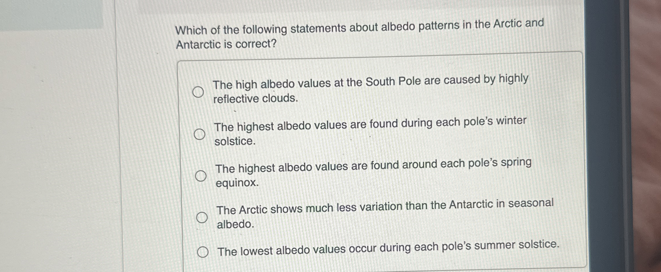 Solved Which of the following statements about albedo | Chegg.com