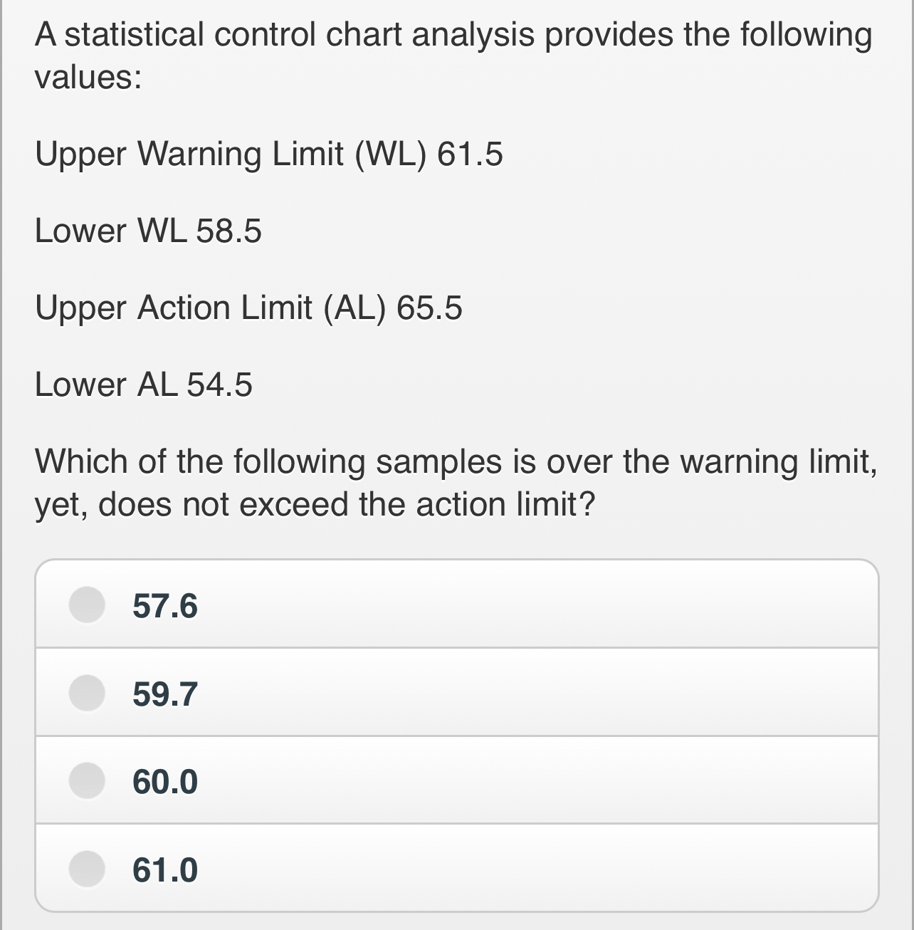 Solved A statistical control chart analysis provides the | Chegg.com