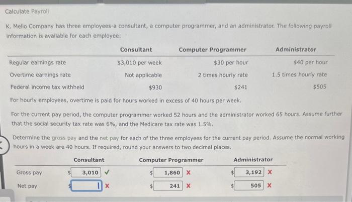 Solved K. Mello Company has three employees-a consultant, a | Chegg.com