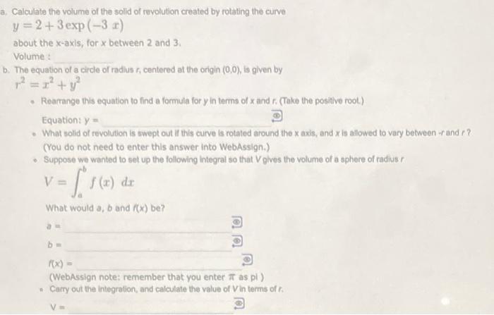 Solved a. Calculate the volume of the solid of revolution | Chegg.com