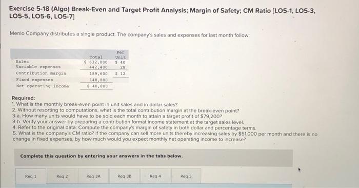 Solved Exercise 5-18 (Algo) Break-Even and Target Profit | Chegg.com
