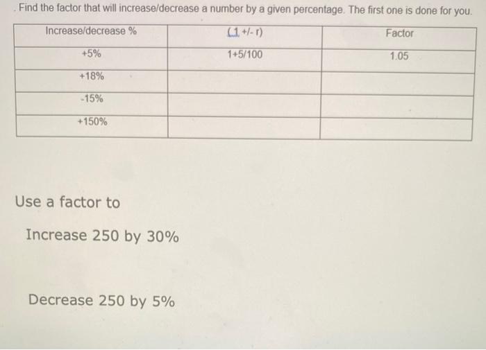 Solved Use A Factor To Increase 250 By 30 Decrease 250 By Chegg