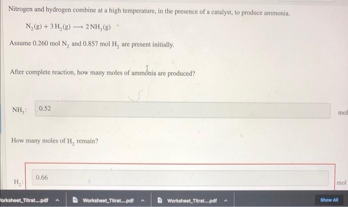 Solved Nitrogen and hydrogen combine at a high temperature, | Chegg.com