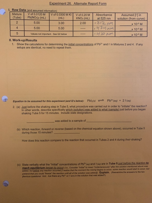 Experiment 26. Alternate Report Form I. Raw Data (and | Chegg.com