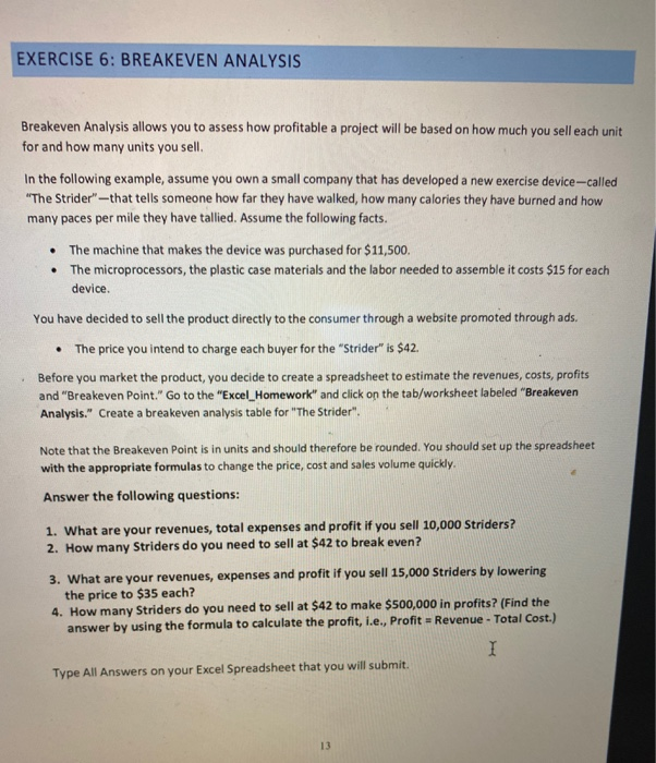 Solved EXERCISE 6: BREAKEVEN ANALYSIS Breakeven Analysis | Chegg.com