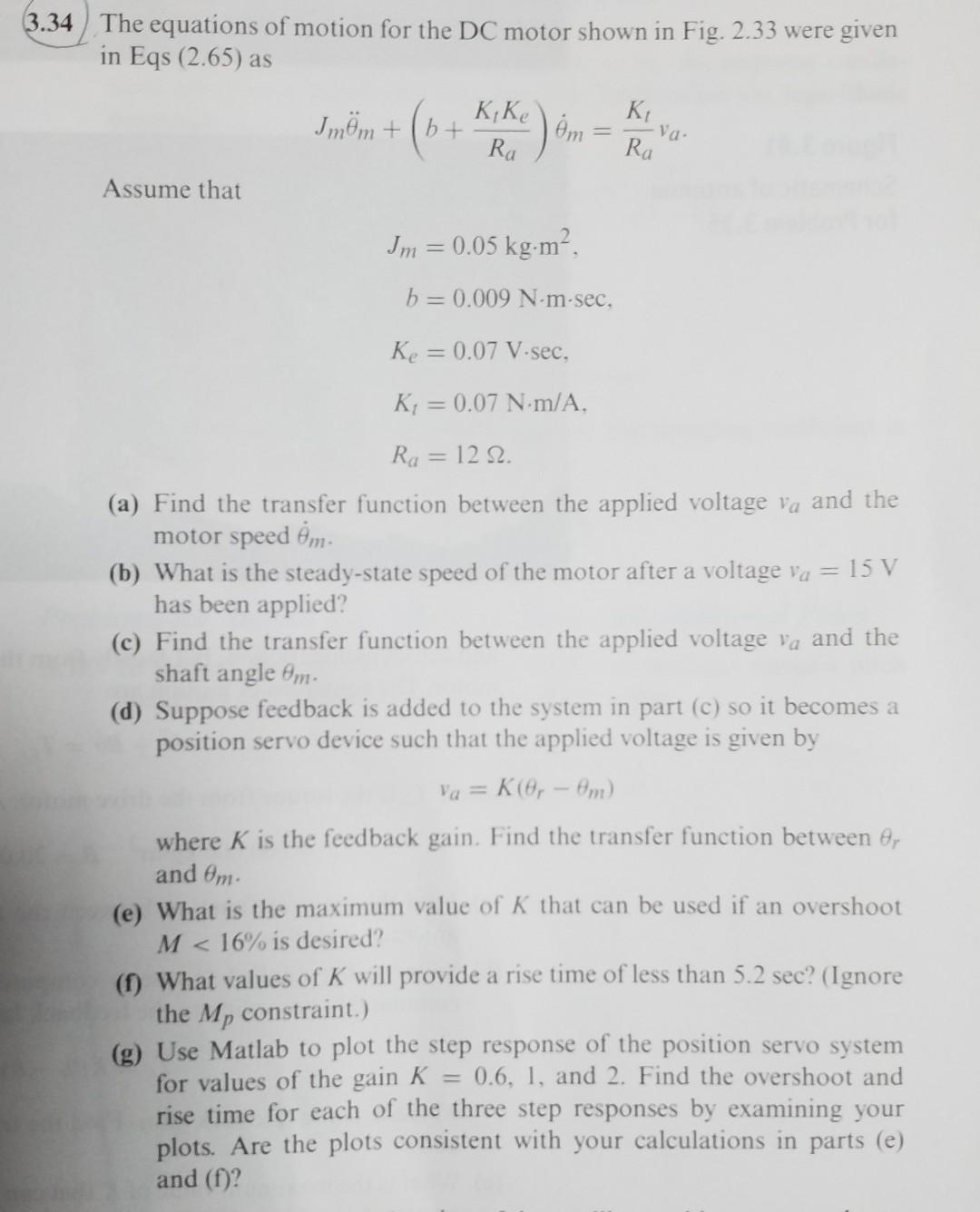 Solved 3.34 The equations of motion for the DC motor shown | Chegg.com