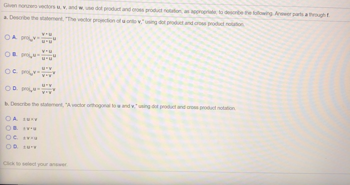 Solved Given nonzero vectors U, V, and w, use dot product | Chegg.com