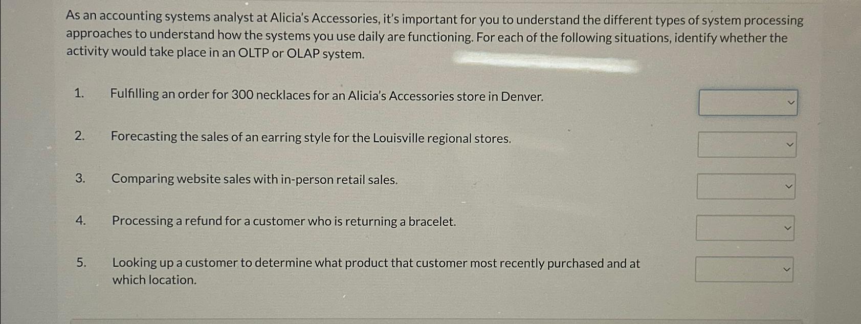 Solved As an accounting systems analyst at Alicia's | Chegg.com