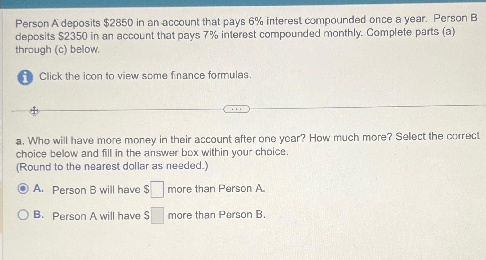 Person A' ﻿deposits $2850 ﻿in an account that pays 6% | Chegg.com