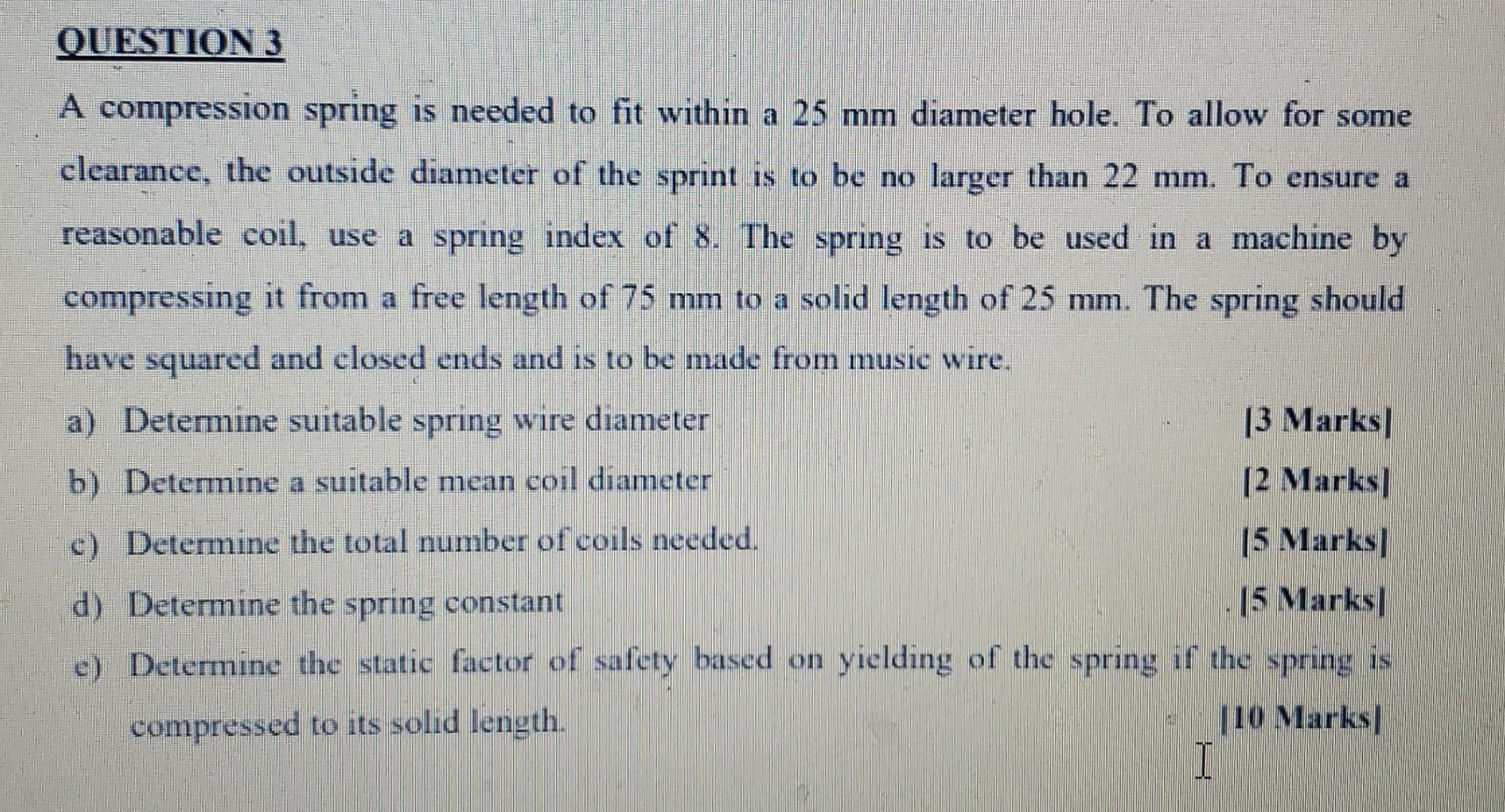 Solved QUESTION 3 A compression spring is needed to fit | Chegg.com