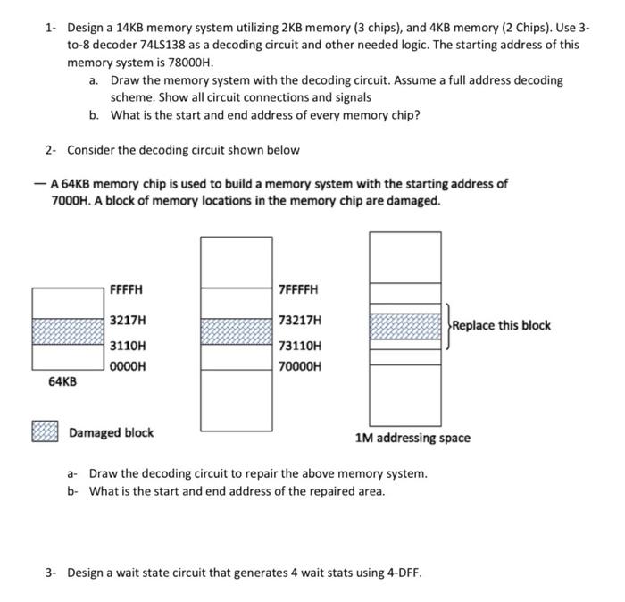 Solved 1- Design a 14KB memory system utilizing 2 KB memory | Chegg.com