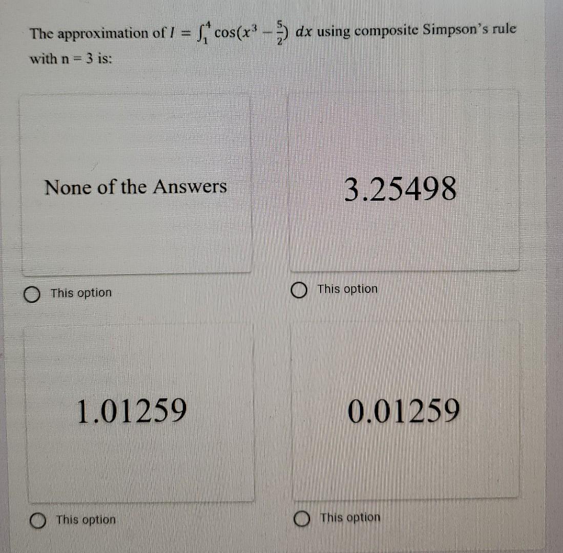 Solved The approximation of 1 = $* cos(x - 1) dx using | Chegg.com