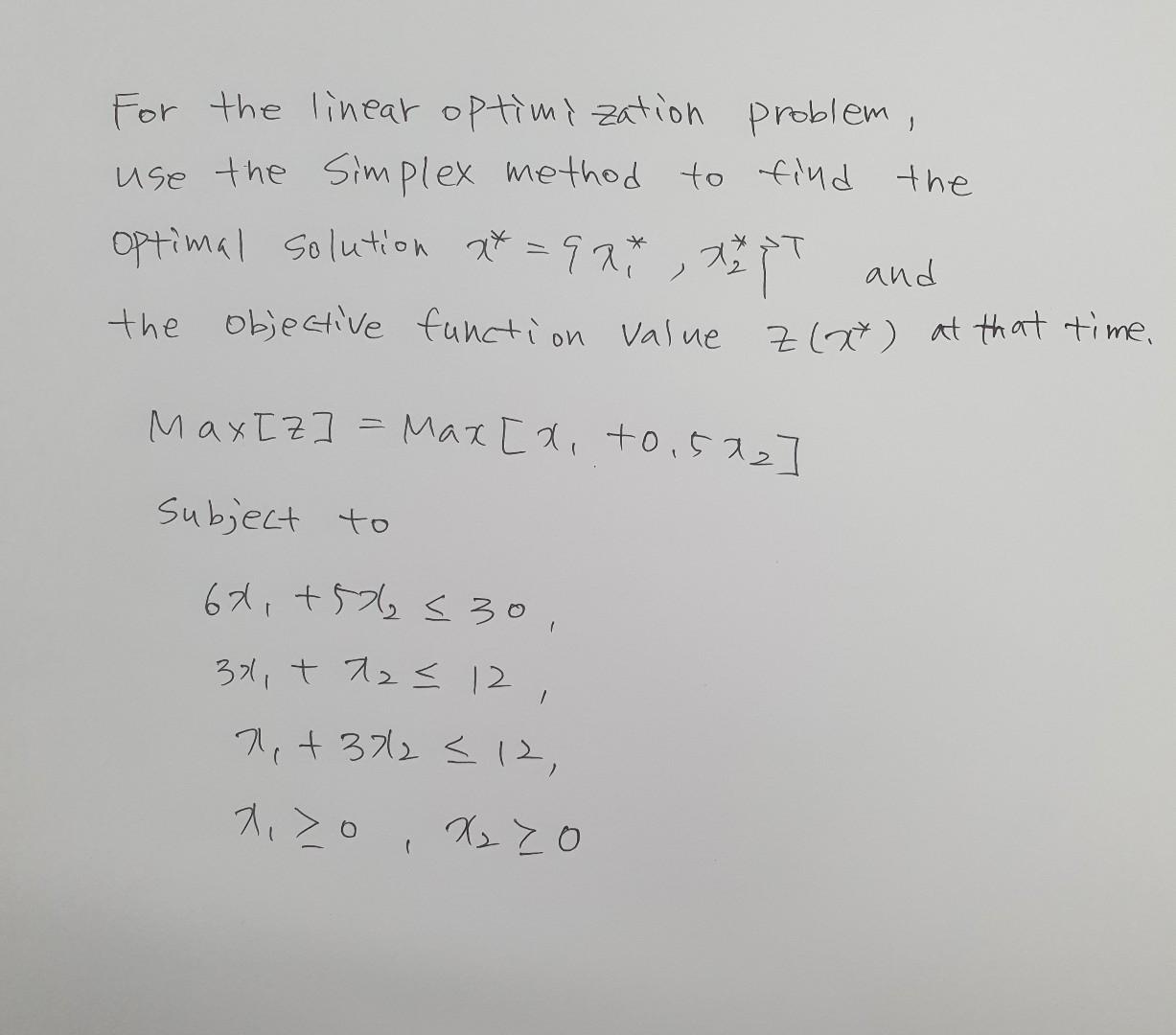 Solved For the linear optimi zation problem, use the simplex | Chegg.com