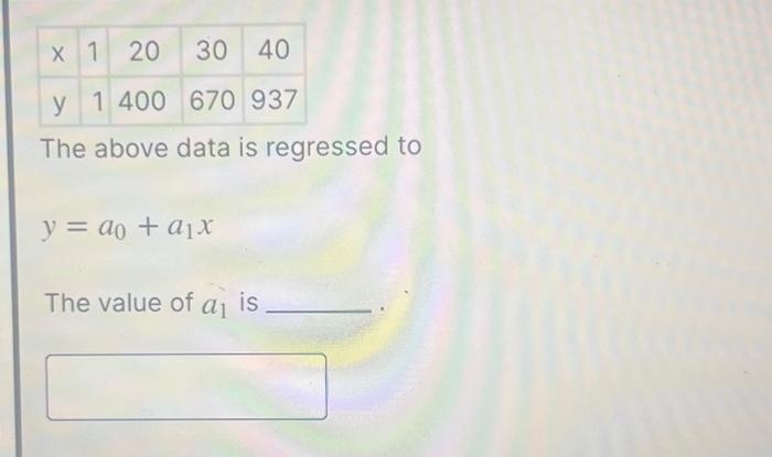 Solved The above data is regressed to y=a0+a1x The value of | Chegg.com