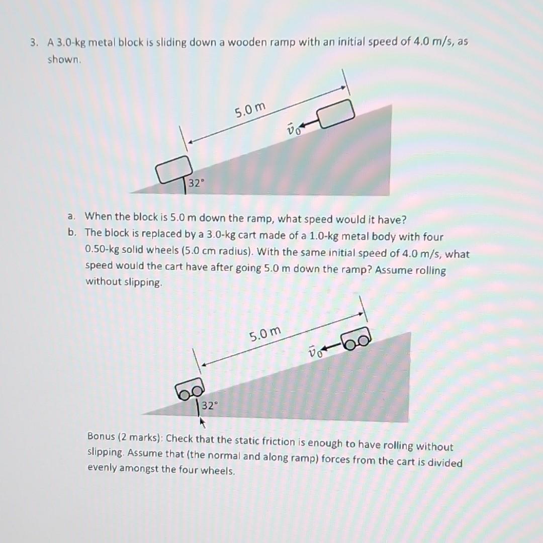 Solved 3. A 3.0−kg metal block is sliding down a wooden ramp | Chegg.com