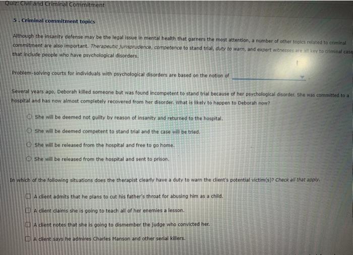 Quiz: Civil and Criminal Commitment 5. Criminal | Chegg.com