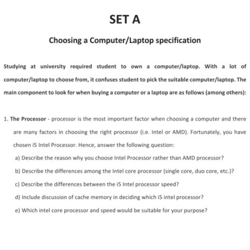 Solved SET A Choosing a Computer/Laptop specification | Chegg.com