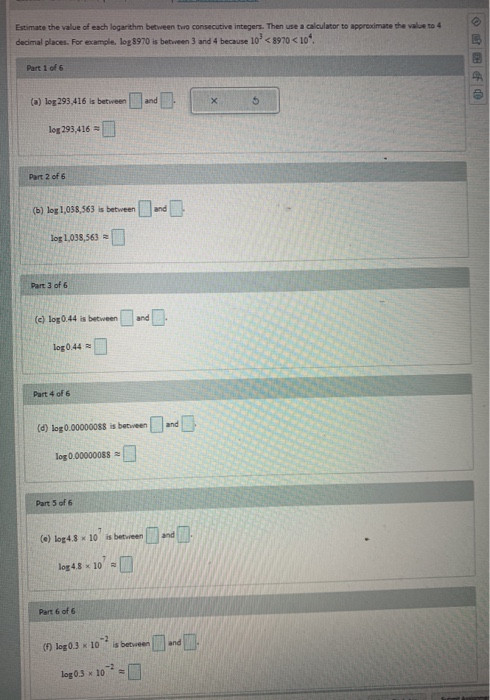 Solved Estimate the value of each logarithm between two | Chegg.com