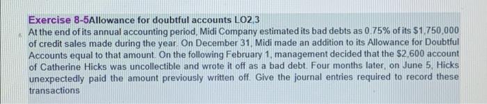 Solved Exercise 8-5Allowance for doubtful accounts LO2,3 At | Chegg.com
