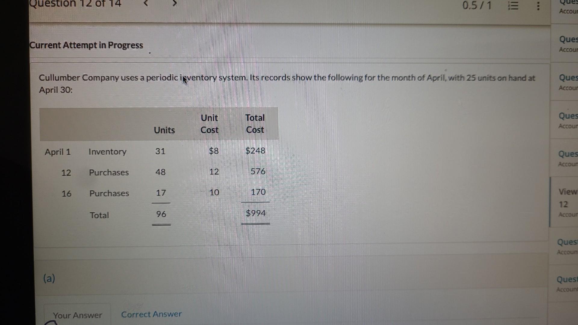 Solved Current Attempt in Progress Cullumber Company uses a | Chegg.com