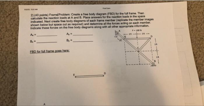 Solved 2) (40 points) Frame/Problem: Create a free body | Chegg.com