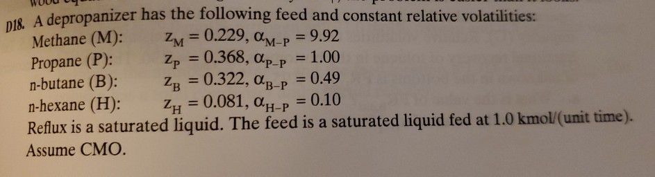 Solved 018. A depropanizer has the following feed and | Chegg.com