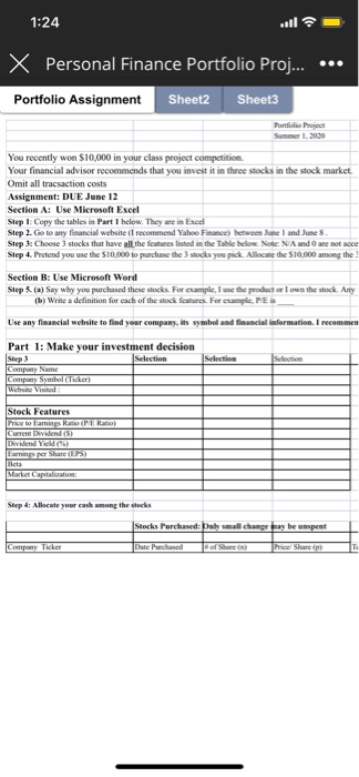 1:24 Х Personal Finance Portfolio Proj... Portfolio | Chegg.com