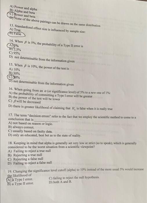 Solved A) Power and alpha B) Alpha and beta C) lower and | Chegg.com