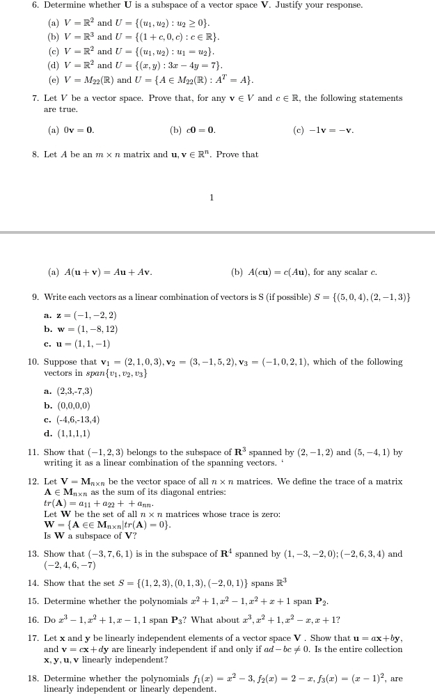 Solved Determine whether U ﻿is a subspace of a vector space | Chegg.com