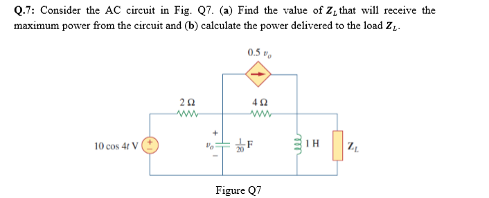 Solved Q.7: Consider the AC circuit in Fig. Q7. (a) ﻿Find | Chegg.com